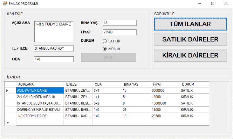 C# Windows Form ile Emlak Programı